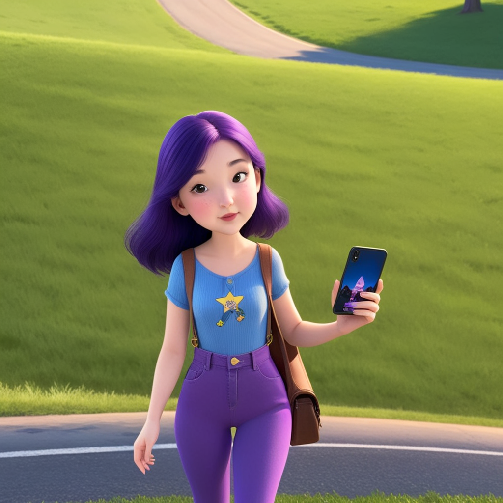 girl wearing violet pants while holding a smartphone in the country | Cartoonifier