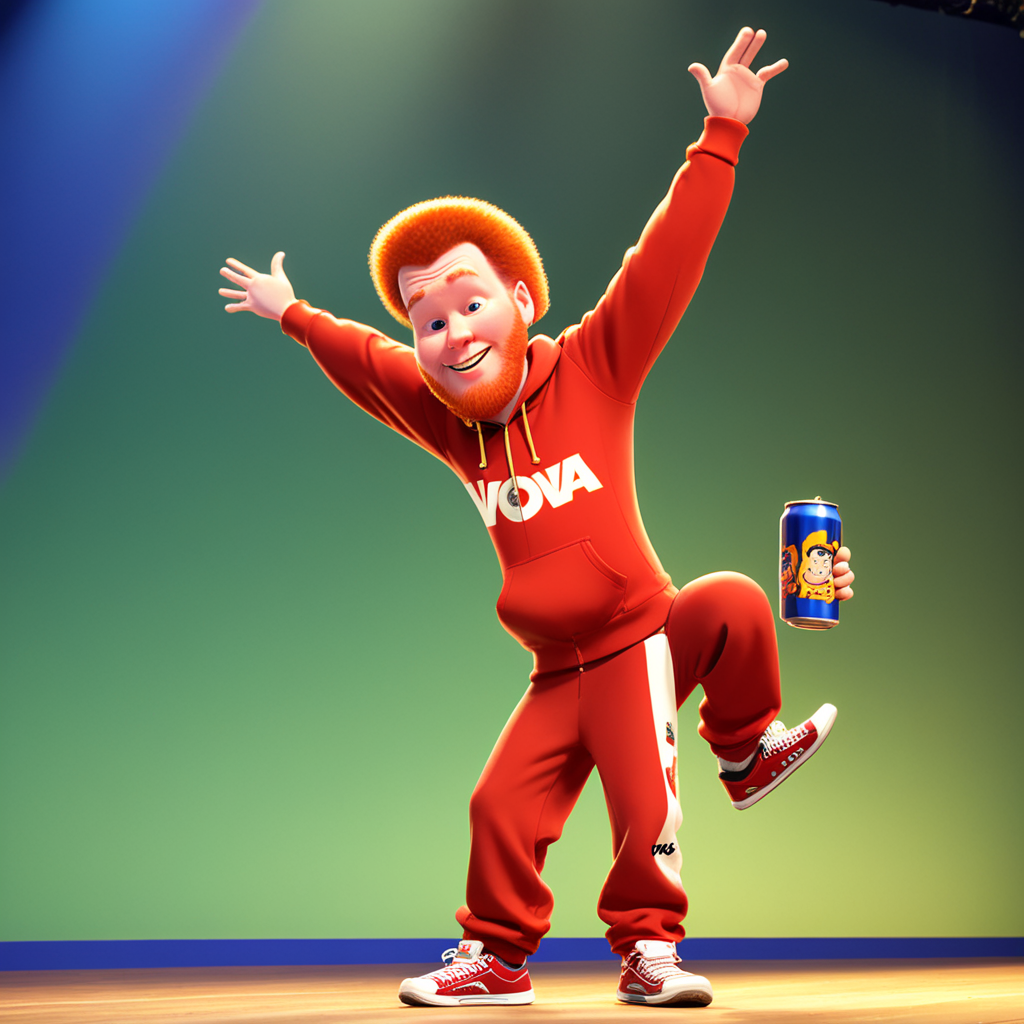 Vova is like a man, in a tracksuit, on stage, breakdancing, cheerful ...