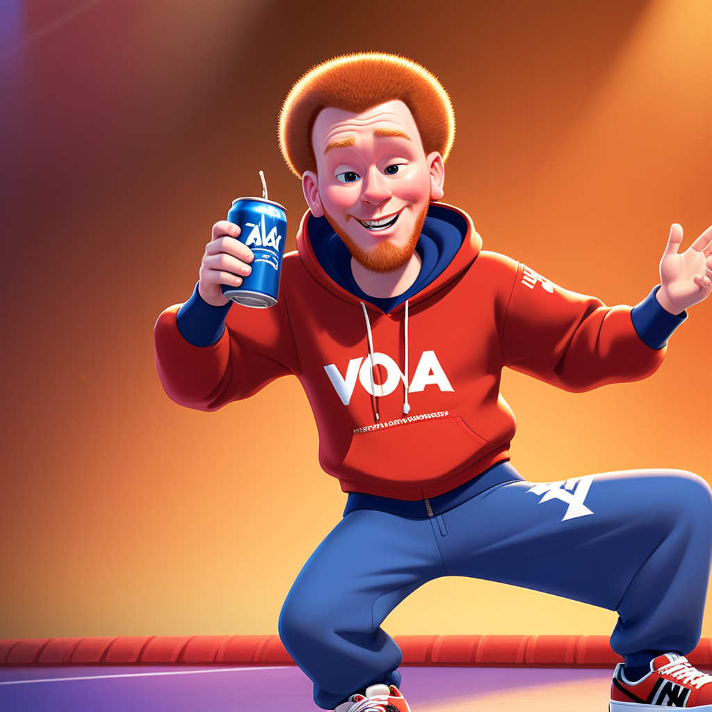 Vova is like a man, in a tracksuit, on stage, breakdancing, cheerful ...
