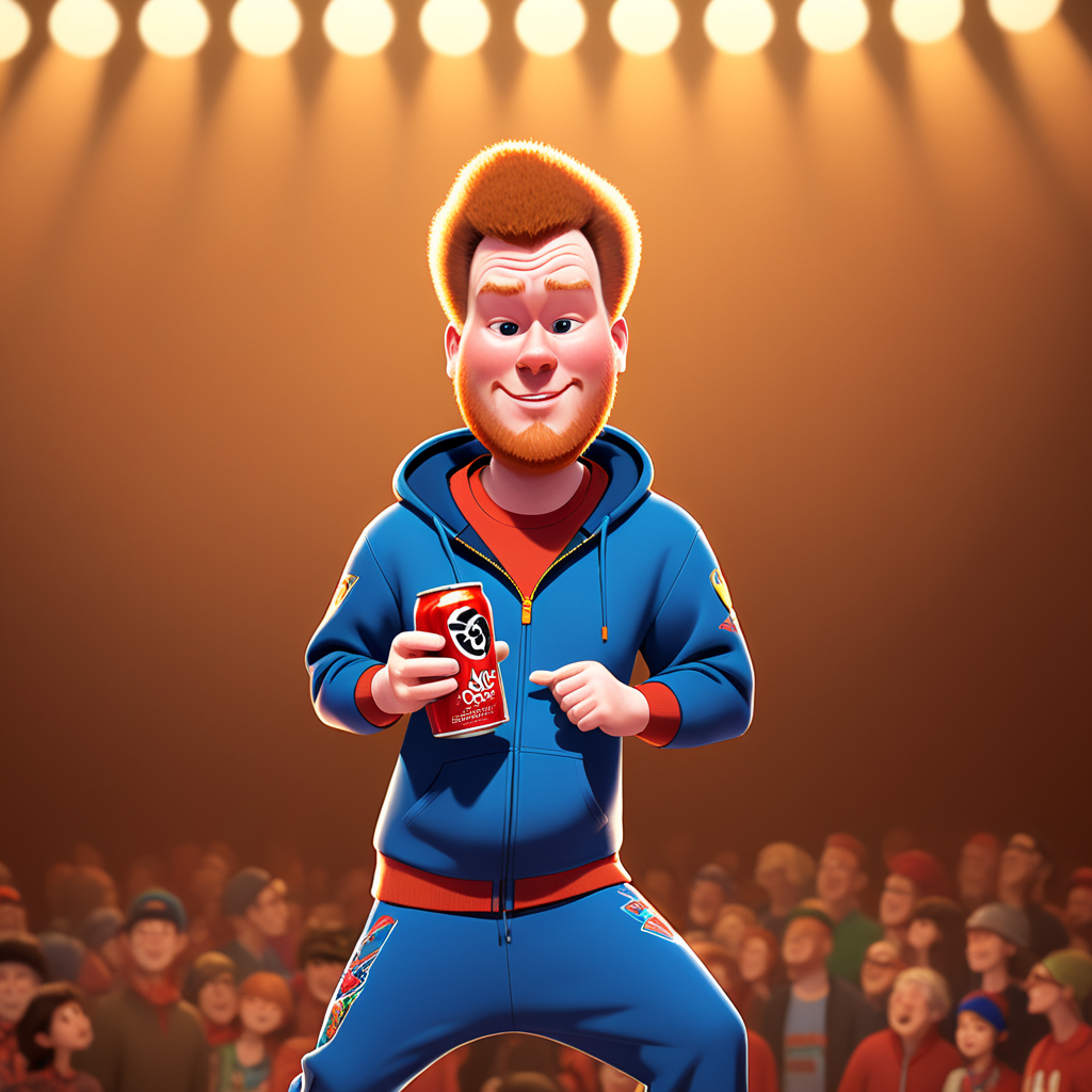 Vova is like a man, in a tracksuit, on stage, breakdancing, cheerful ...