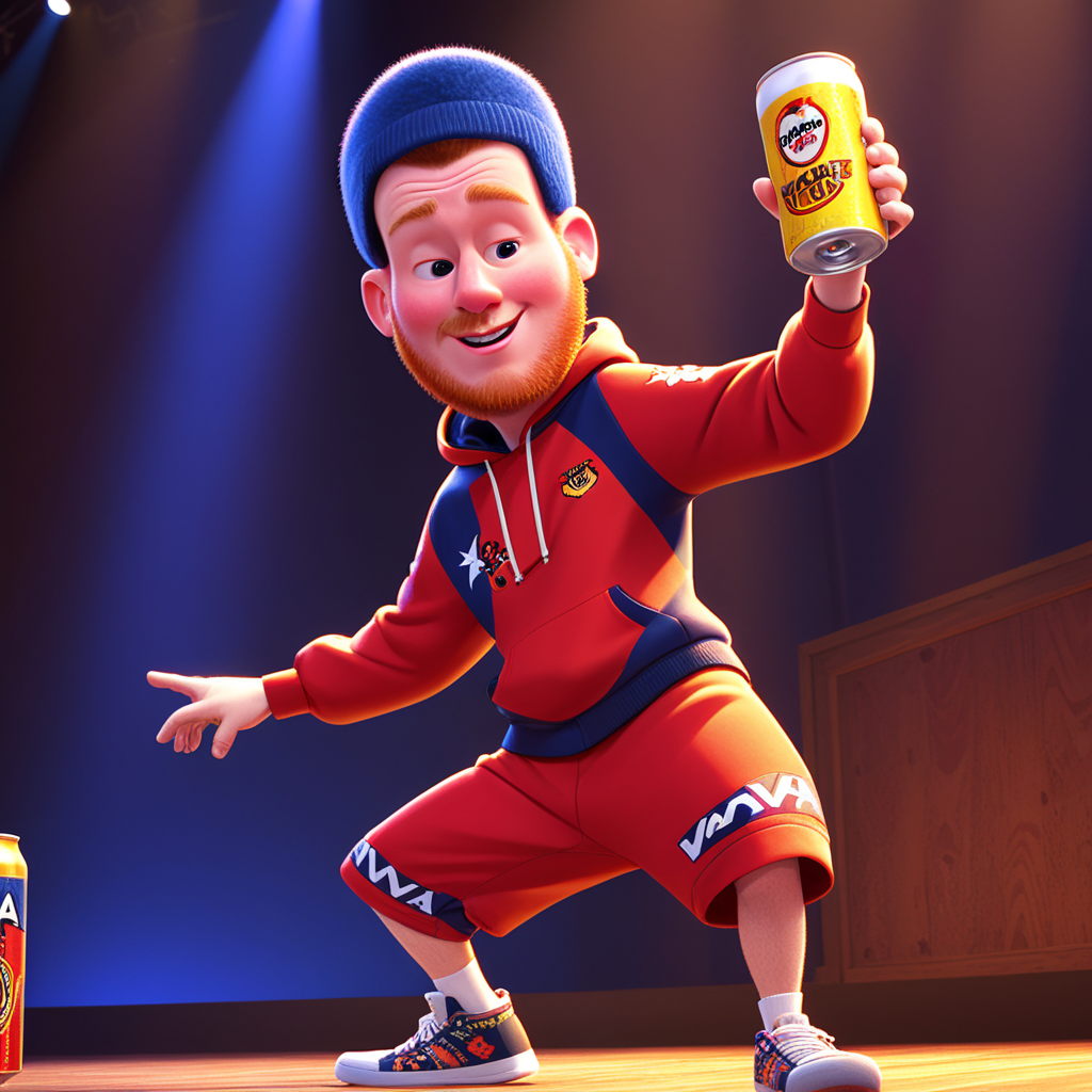 Vova is like a man, in a tracksuit, on stage, breakdancing, cheerful ...